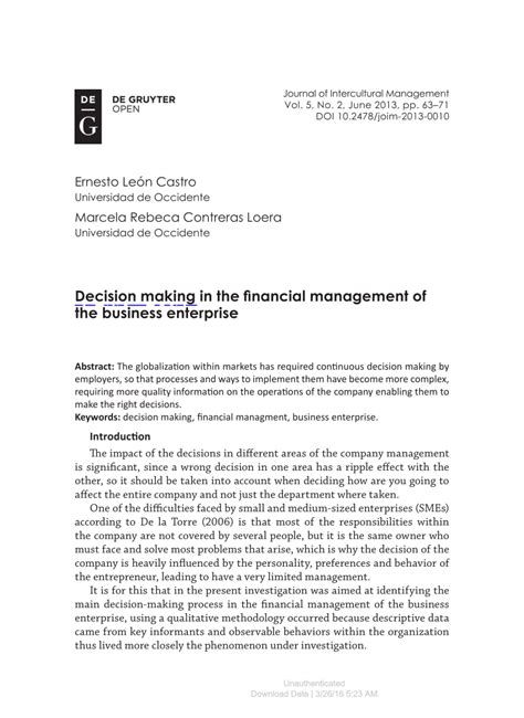 Pdf Decision Making In The Financial Management Of The Business