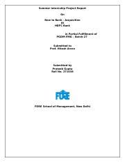 HDFC Project Report Docx Summer Internship Project Report On New To Bank Acquisition At HDFC