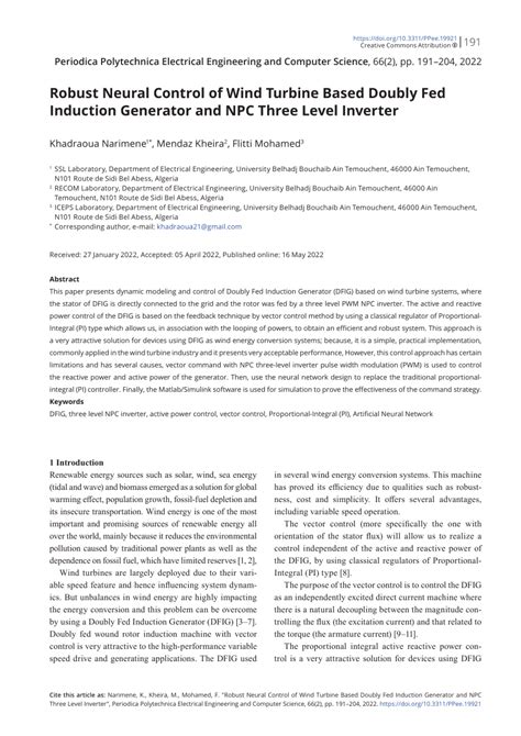 Pdf Robust Neural Control Of Wind Turbine Based Doubly Fed Induction Generator And Npc Three