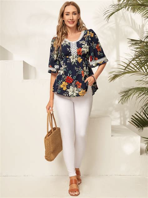 EMERY ROSE Floral Print Guipure Lace Insert Butterfly Sleeve Blouse SHEIN USA