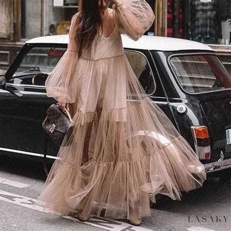Lasaky Chic Bubble Sleeve Sheer Mesh Evening Gown Em 2024 Vestidos