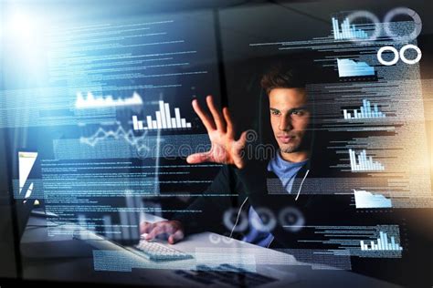 Man Hacker And Hologram For Coding At Night With Software Programming