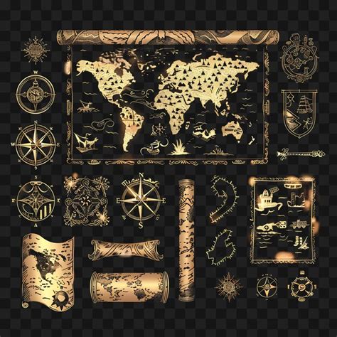 Premium Psd Set Of Ancient Map 16 Bit Pixel With Scroll And Compass