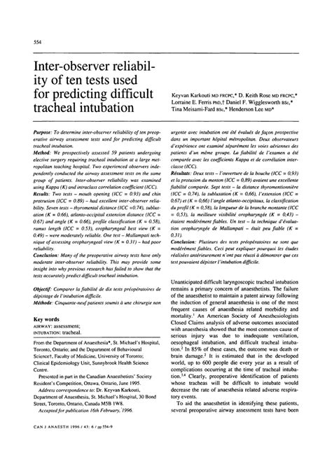 Pdf Inter Observer Reliability Of Ten Tests Used For Predicting Difficult Tracheal Intubation