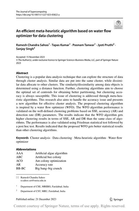 An Efficient Meta Heuristic Algorithm Based On Water Flow Optimizer For Data Clustering