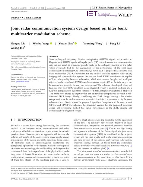 PDF Joint Radar Communication System Design Based On Filter Bank Multicarrier Modulation Scheme