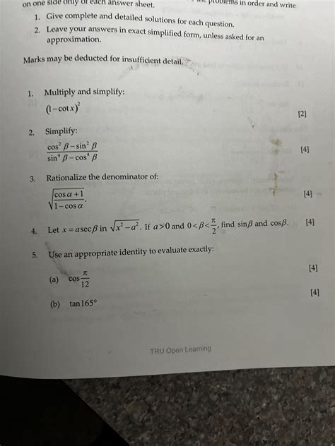 Solved On One Side Only Of Each Answer Sheet Give Complete Chegg