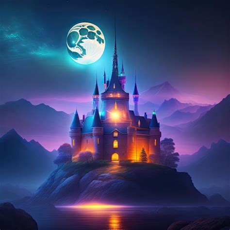 Premium Ai Image Epic Castle Scenery With Full Moon In Majestic Night Sky Digital Artwork