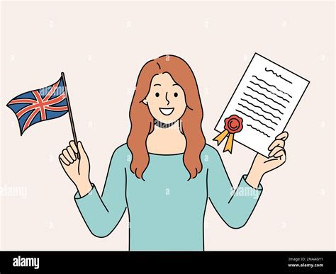 Smiling Woman Hold Graduation Certificate And Uk Flag In Hands Happy Female With Document Teach