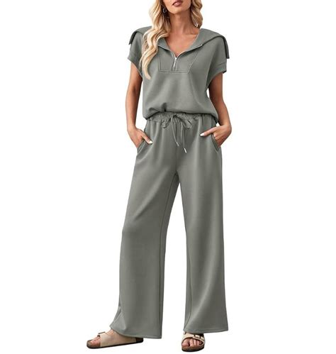 Merokeety 여성용 투피스 의상 운동복 세트 하프 지퍼 라펠 칼라 반소매 스웨트셔츠 와이드 레그 스웨트 티몬