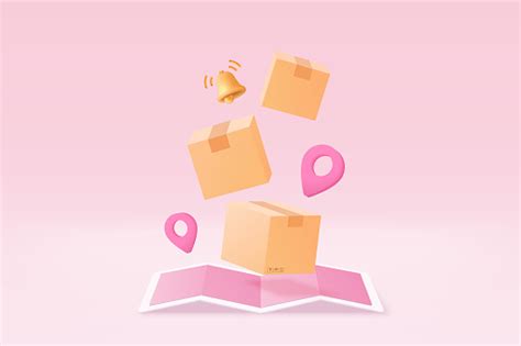 3d 온라인 배달 서비스 배달 추적 위치 선적 개념에 대한지도의 핀 위치 지점 마커 지도에서 포장하는 제품 배송 로지스틱 아이콘 3d 벡터 렌더링 일러스트레이션 3차원