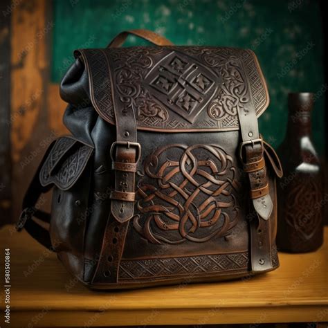 Fine Leather Knapsack With Elaborate Knotwork Resembling Celtic Knot