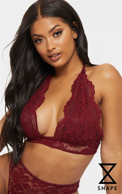 Shape Burgundy Lace Tie Back Bralet Curve Prettylittlething Ie