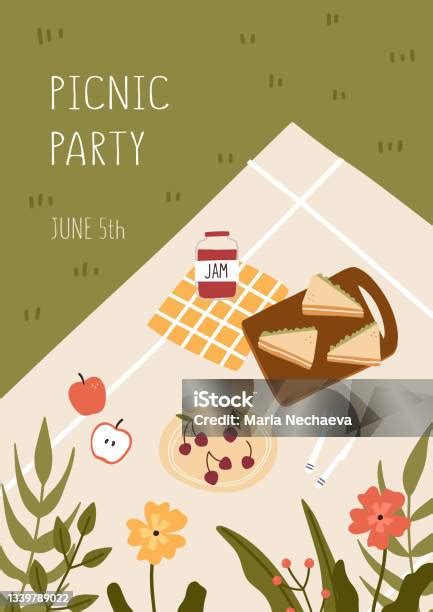 피크닉 컨셉 음식과 꽃 담요 손으로 그린 벡터 일러스트레이션 소풍 음식에 대한 스톡 벡터 아트 및 기타 이미지 소풍 음식 초대장 포스터 Istock