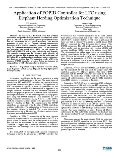 Application Of Fopid Controller For Lfc Using Elephant Herding Optimization Technique Pdf