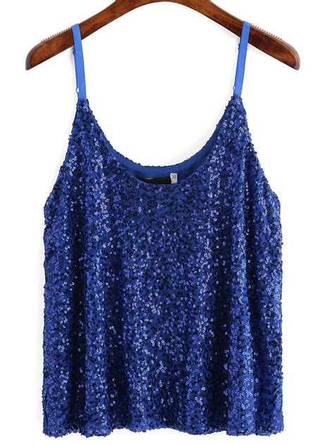 Blue Spaghetti Strap Sequined Cami Top Sheinsheinside
