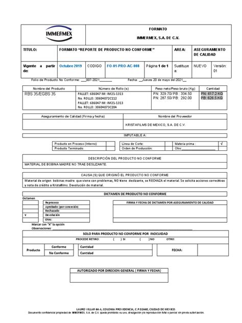 Formato Producto No Conforme Pdf