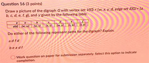 Solved Question 16 3 Points Draw A Picture Of The Digraph Gwith Vertex Set Vg Wx Y2 Edge