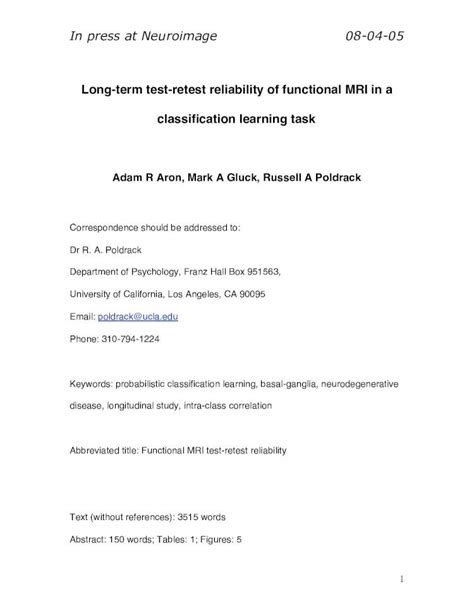 Pdf Long Term Test Retest Reliability Of Functional Mri In A · Adam R Aron Mark A Gluck
