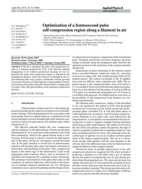 Pdf Optimization Of A Femtosecond Pulse Self Compression Region Along A Filament In Air