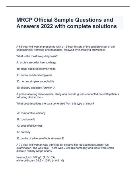 Mrcp Official Sample Questions And Answers 2022 With Complete Solutions