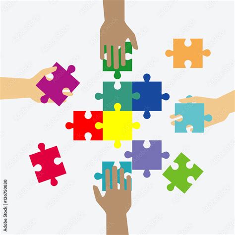 Four Hands Putting Multicolor Puzzle Pieces Together Teamwork