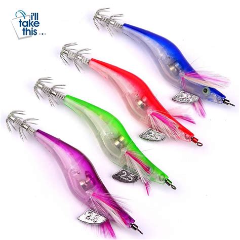 Fishing Lure LED Luminous Squid Jig 4 Piece Various Color Set Squid