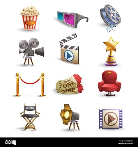Cinema Icons Set With Popcorn 3d Glasses And Film Reel Isolated Vector