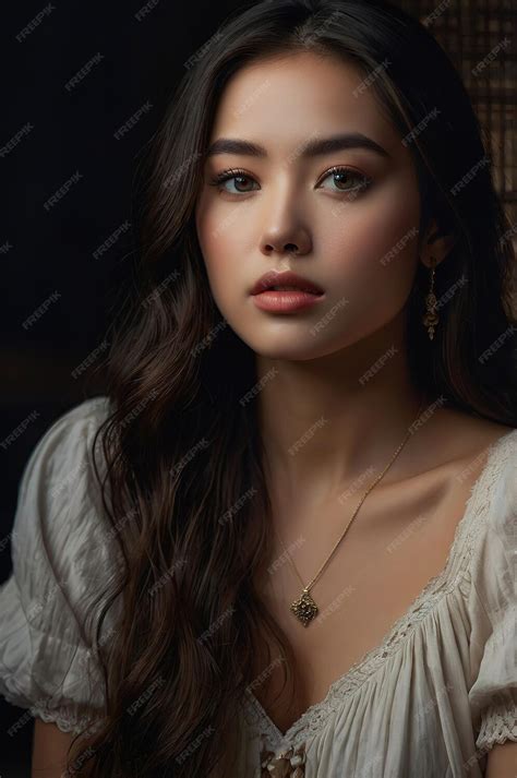 A Woman With Long Brown Hair And A Gold Necklace Is Sitting In A White