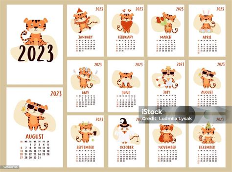 귀여운 호랑이와 함께 매년 월간 달력 2023 12 페이지와 영어로 표지 벡터 일러스트레이션 세로 템플릿 일요일부터 주 문구류 플래너 주최자 0명에 대한 스톡 벡터 아트 및