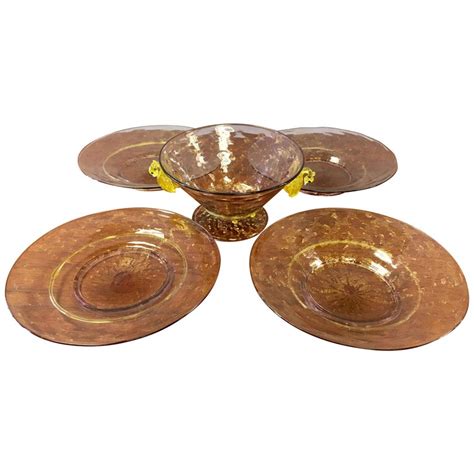 Set Of Five Salviati Hand Blown Italian Murano Glass Bowl And Saucers