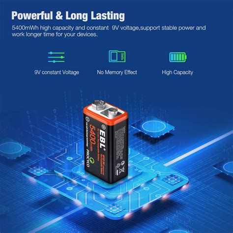 EBL Rechargeable 9V Lithium Batteries 5400mWh USB 9 Volt Li Ion Batteries Long Lasting 2 Pack