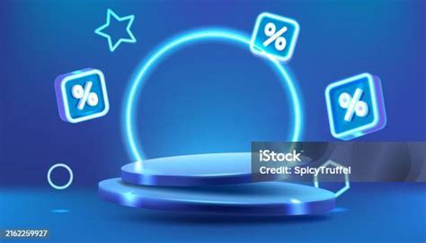판매 배경 3d 블루 포디움 제품 전시회 할인 비율 쇼핑 제안 네온 라이트 프레임 상점 프로모션 빛나는 쇼케이스 빈 실린더 받침대 벡터 배너 디자인 퍼센트 기호에 대한 스톡