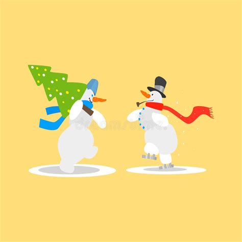 Two Funny Snowmen With A Christmas Tree Vector Stock Vector