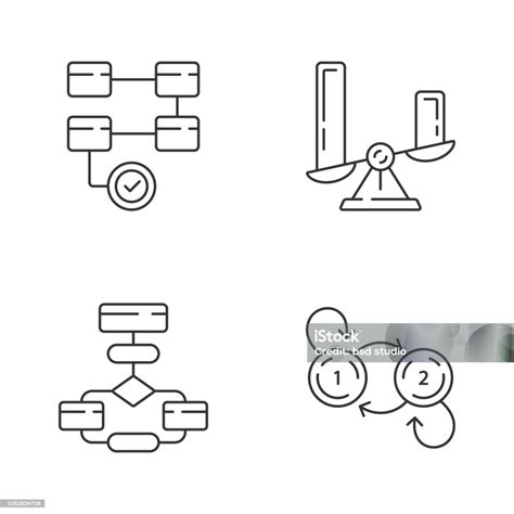 다이어그램 개념 선형 아이콘 집합입니다 활동 비교 흐름 상태 차트 정보 기호 표현 가는 선 윤곽심 격리된 벡터 개요 그림입니다 편집 가능한 스트로크 0명에 대한 스톡 벡터