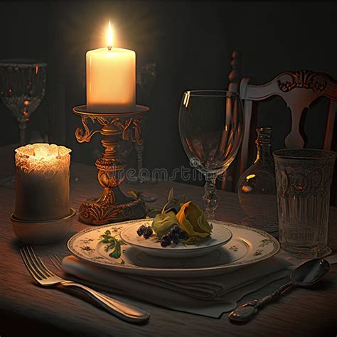 Vintage Table Setting With Candles And Wine Glasses 3d Render Stock