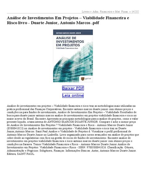 Análise De Investimentos Em Projetos Viabilidade Financeira E Risco Pdf