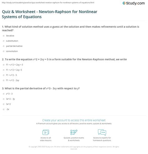 Quiz And Worksheet Newton Raphson For Nonlinear Systems Of Equations