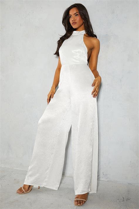 Textured Satin Halterneck Low Back Wide Leg Jumpsuit