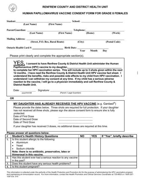 Hpv Vaccine Consent Forms Renfrew County And District Health