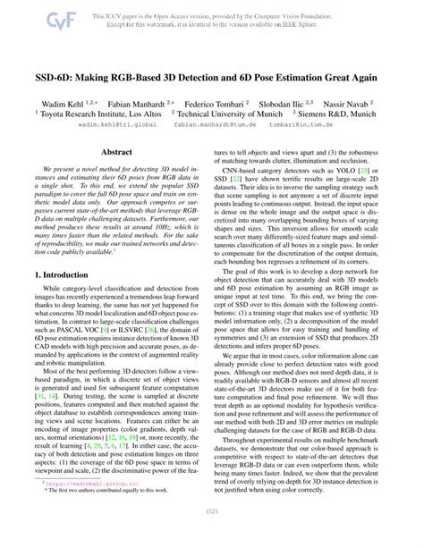 Pdf Ssd 6d Making Rgb Based 3d Detection And 6d …openaccess Thecvf
