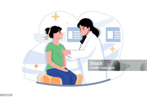 여성 환자 그림 개념을 치료하는 의사 흰색 배경에 격리된 평면 그림 방문에 대한 스톡 벡터 아트 및 기타 이미지 방문 의사 간호사 Istock