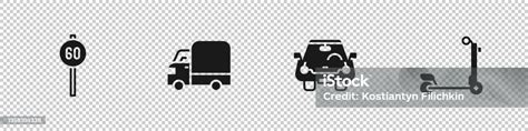 制限速度のトラフィック配達貨物トラック車とスクーターのアイコンを設定しますベクトル アイコンのベクターアート素材や画像を多数ご用意