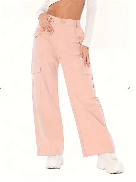 Solid High Waist Pants Elegant Wide Leg Flap Pockets Cargo Temu New