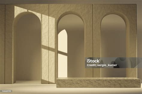 아치형 통로가있는 추상적 인 벽과 창문을 통해 햇볕을 쬐는 연단 제품 프레젠테이션을 위한 3d 렌더링 배경 0명에 대한 스톡 사진 및 기타 이미지 Istock