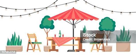 레스토랑 안뜰 나무 테이블과 의자가있는 여름 야외 카페 테라스 식물과 화환이있는 아늑한 라운지 카페테리아 장면 벡터 일러스트 레이 션 파티오에 대한 스톡 벡터 아트 및 기타