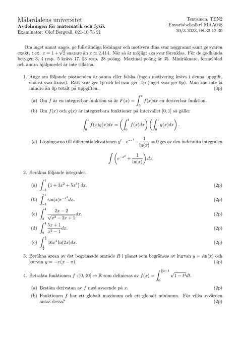 Exempel Tenta TEN2 M Alardalens Universitet Avdelningen F Or Matematik Och Fysik Examinator