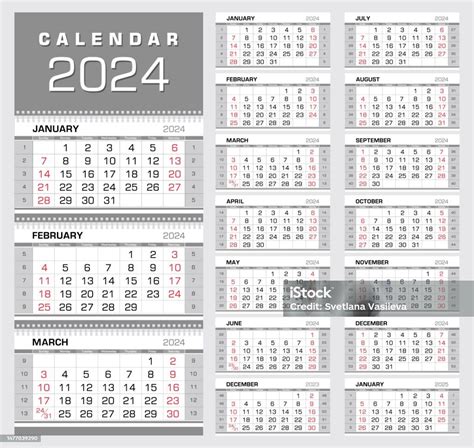 カレンダー2024週番号付きの壁の四半期カレンダー週は日曜日から始まります印刷の準備ができて色 黒赤銀ベクターイラスト 2024年の