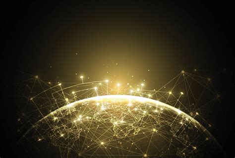 Abstract Global Network Connection On Gold Background World Map Point And Line Composition