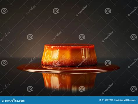 Pudding Flan On A Reflective Surface Minimalist Black Background Stock